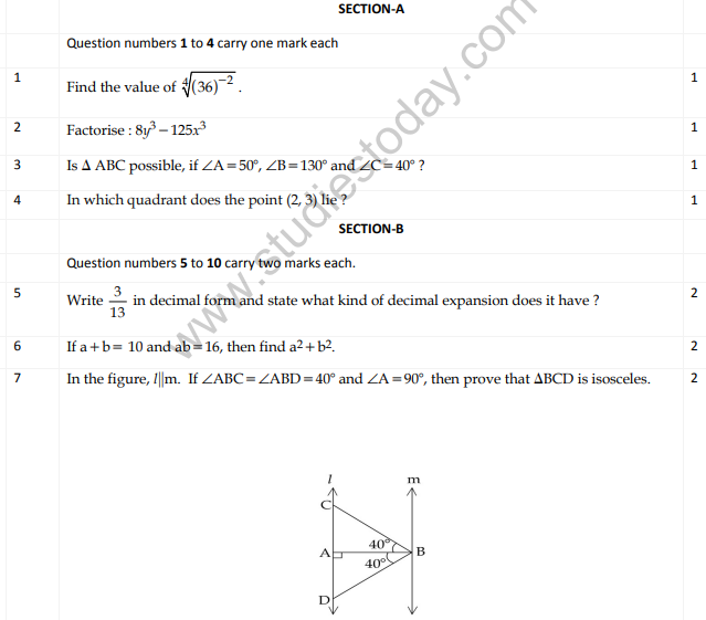 CBSE Class 9 Mathematics Sample Paper Set D CBSE Class 9 Mathematics Sample Paper Set D